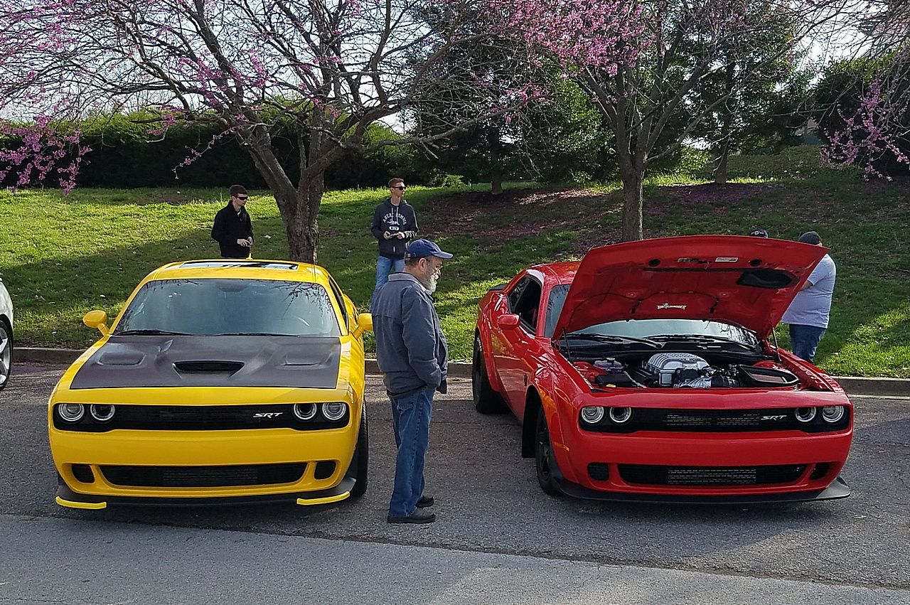 Dodge Demon & Challenger Hellcat at Cars & Coffee hanging out together ...